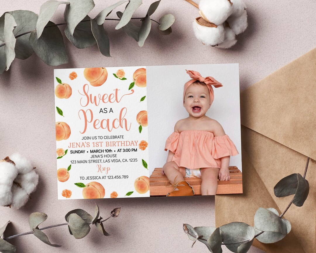 EDITABLE Sweet as A Peach Invitation, Peach Birthday Photo Invitation ...