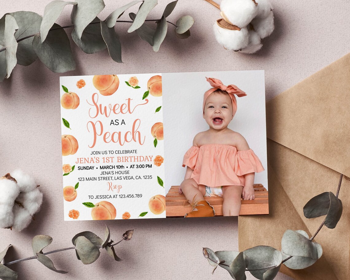EDITABLE Sweet as A Peach Invitation, Peach Birthday Photo Invitation ...