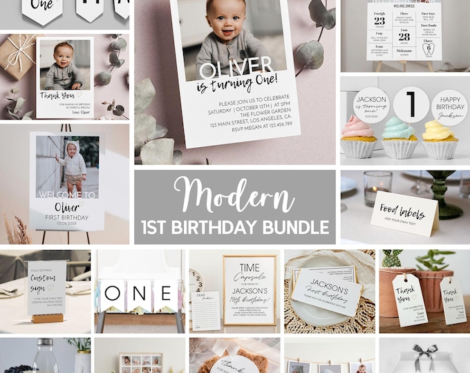 Editable Modern 1st Birthday Invitation Bundle Minimalist First ...