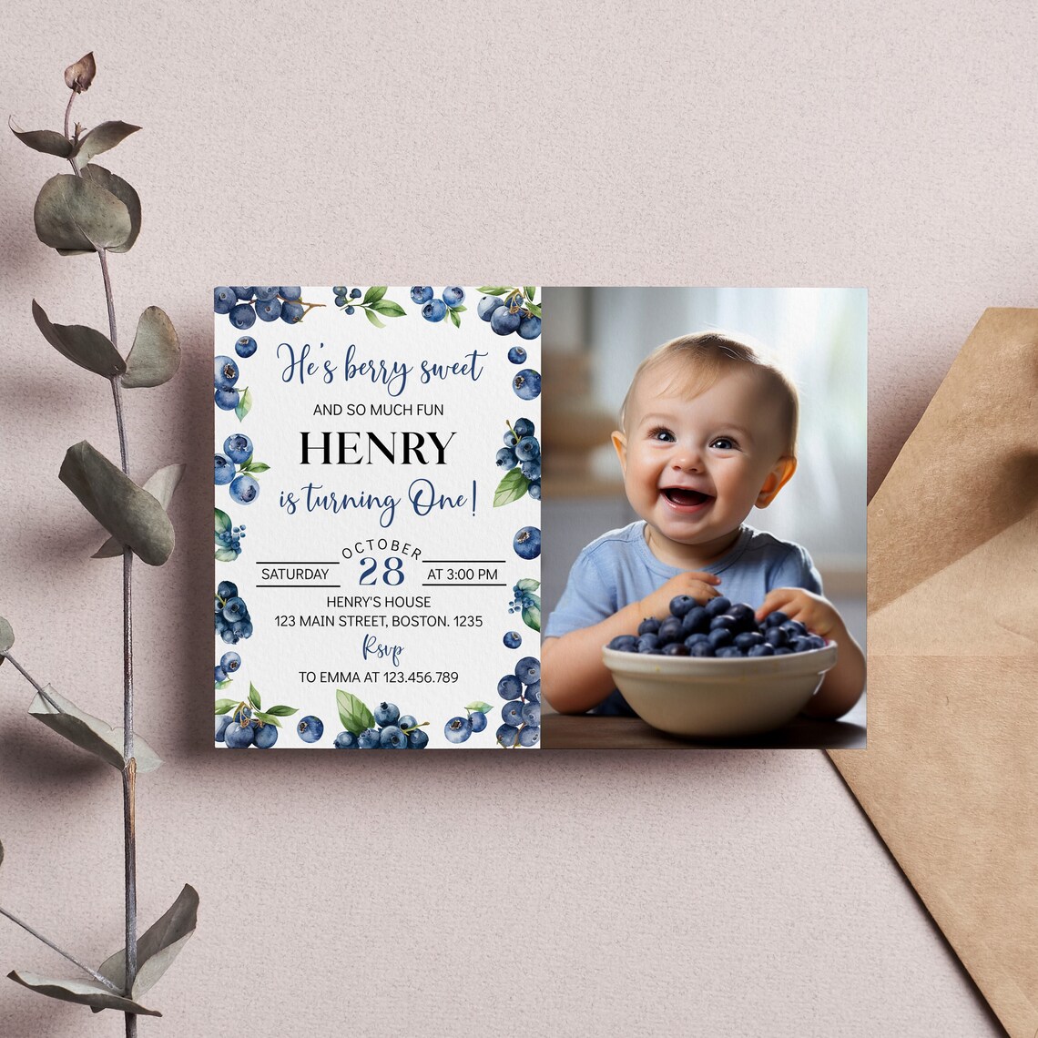 Editable Blueberry First Birthday Invitation, Blueberries 1st Birthday ...