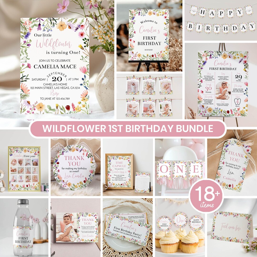 Wildflower First Birthday Invitation Bundle, Flower Birthday Party ...
