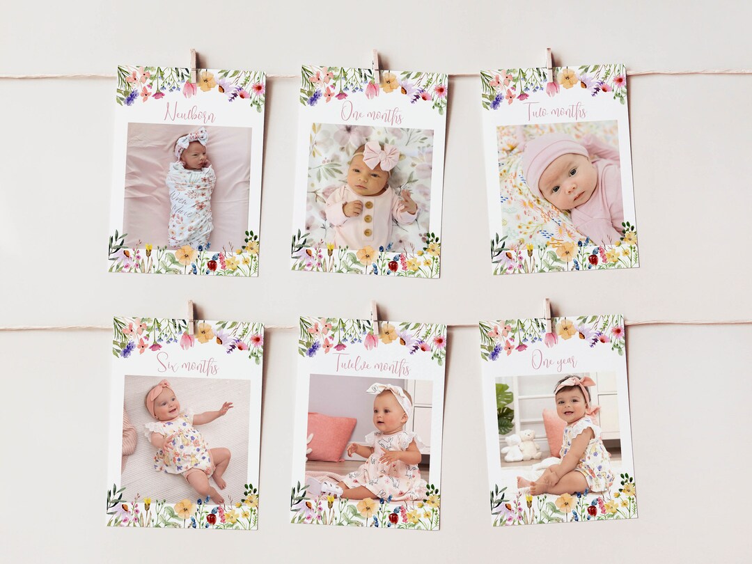 Editable First Year Photo Banner, Wildflower Birthday Girl Banner, Baby ...