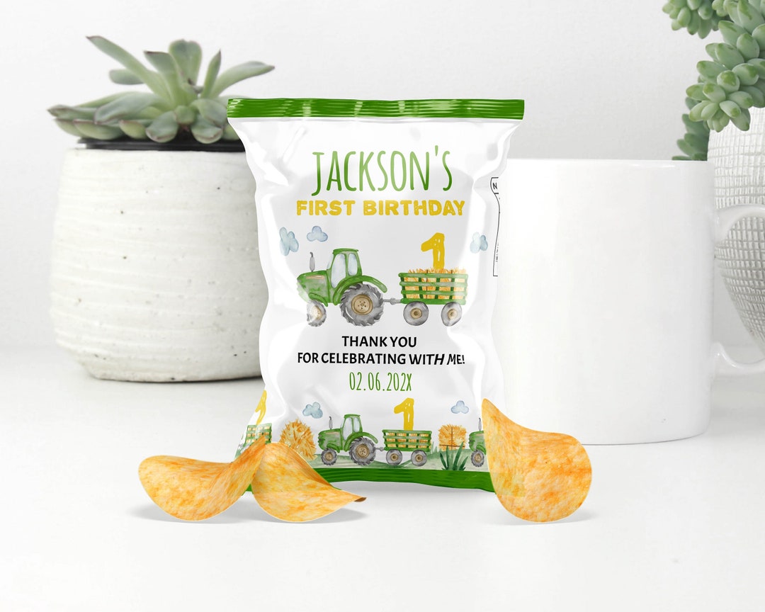 EDITABLE Tractor Birthday Chip Bag, Green Tractor Birthday Treat Bag ...