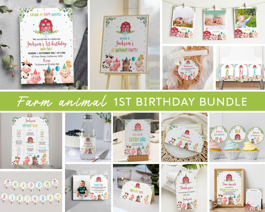 Editable Farm Animals Birthday Invitation Bundle, Barnyard 1st Birthday ...