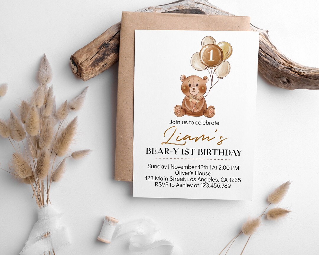 EDITABLE Bear First Birthday Invitation, Beary 1st Birthday Party ...