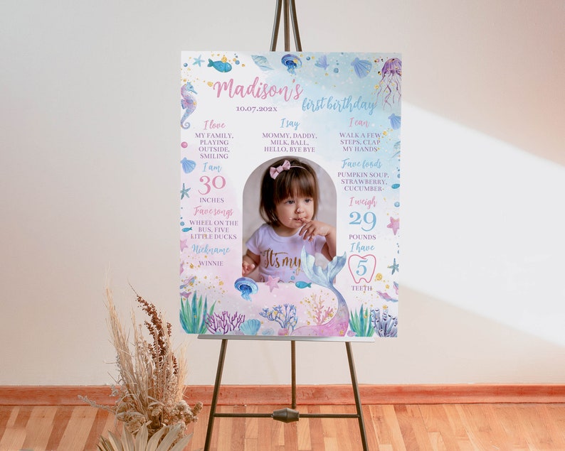 EDITABLE Mermaid Milestone Photo Poster, Mermaid 1st Birthday ...
