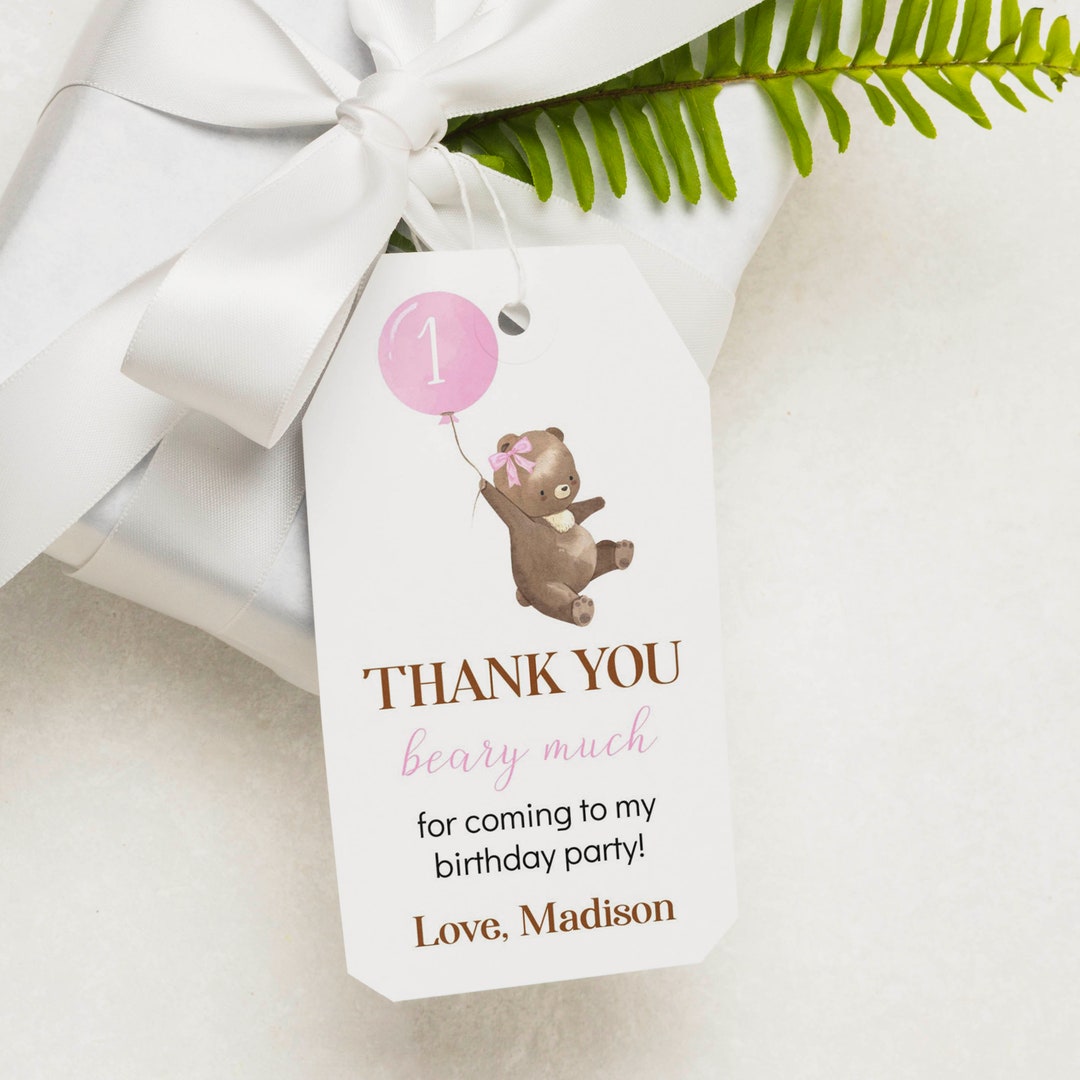 EDITABLE Teddy Bear Birthday Favor Tags, Beary First Birthday Thank You ...