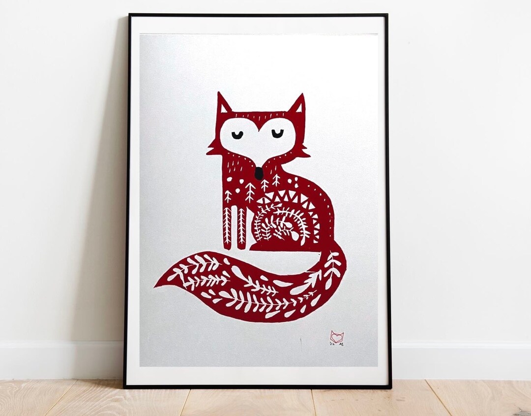 Little Fox With a Heart Face Linocut Dina4 Art in the Children's Room ...