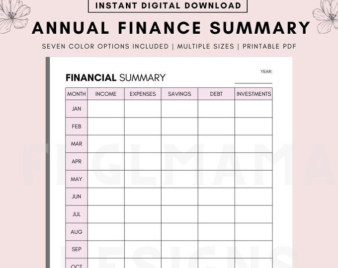Year at a Glance,finance Tracker,annual Finance Planner,yearly Income ...