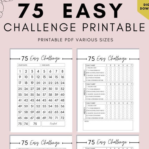 75 EASY Challenge Tracker 75 Day Challenge Printable Fitness - Etsy