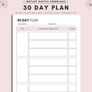 30 Day Plan Template, 30 Day Printable Planner, Countdown Calendar ...
