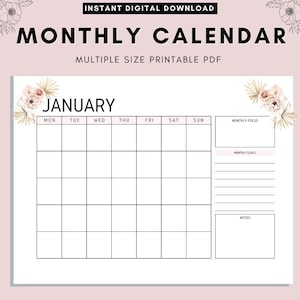 UNDATED Monthly Calendar Landscape, Simple Printable Calendar, 11 X 8.5 ...