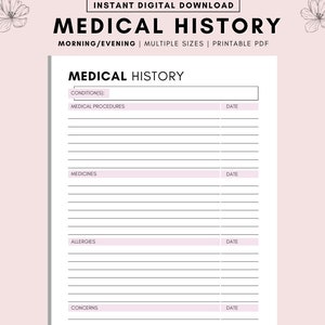 Medication Record Printable Medical History List Info A4 A5 Letter