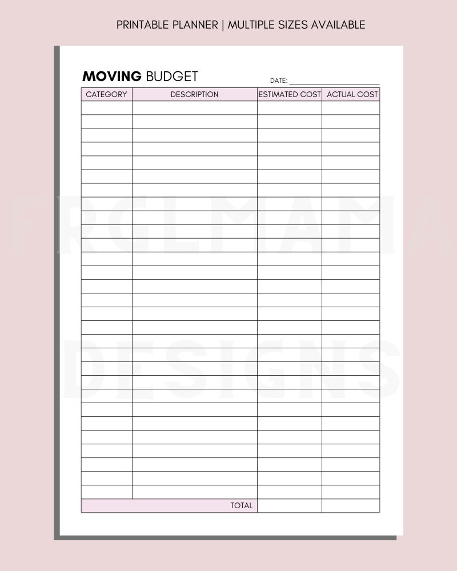 Moving Budget Overview Template Printable, Moving Budget Printable ...