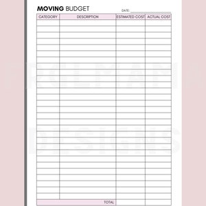 Moving Budget Overview Template Printable, Moving Budget Printable ...