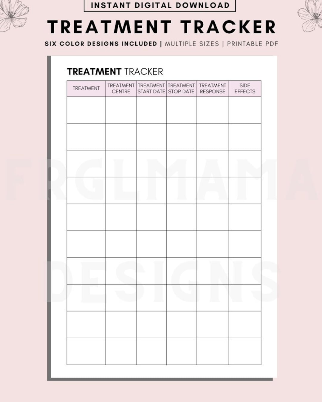 Printable Treatment Tracker, Monthly Medication Tracker Printable, Print at Home Treatment Log ...