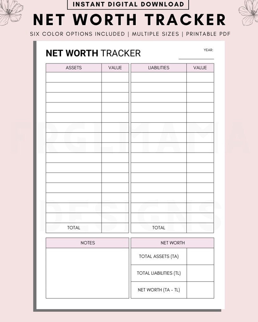 Net Worth Tracker Printable, Asset and Liability Balance Sheet ...