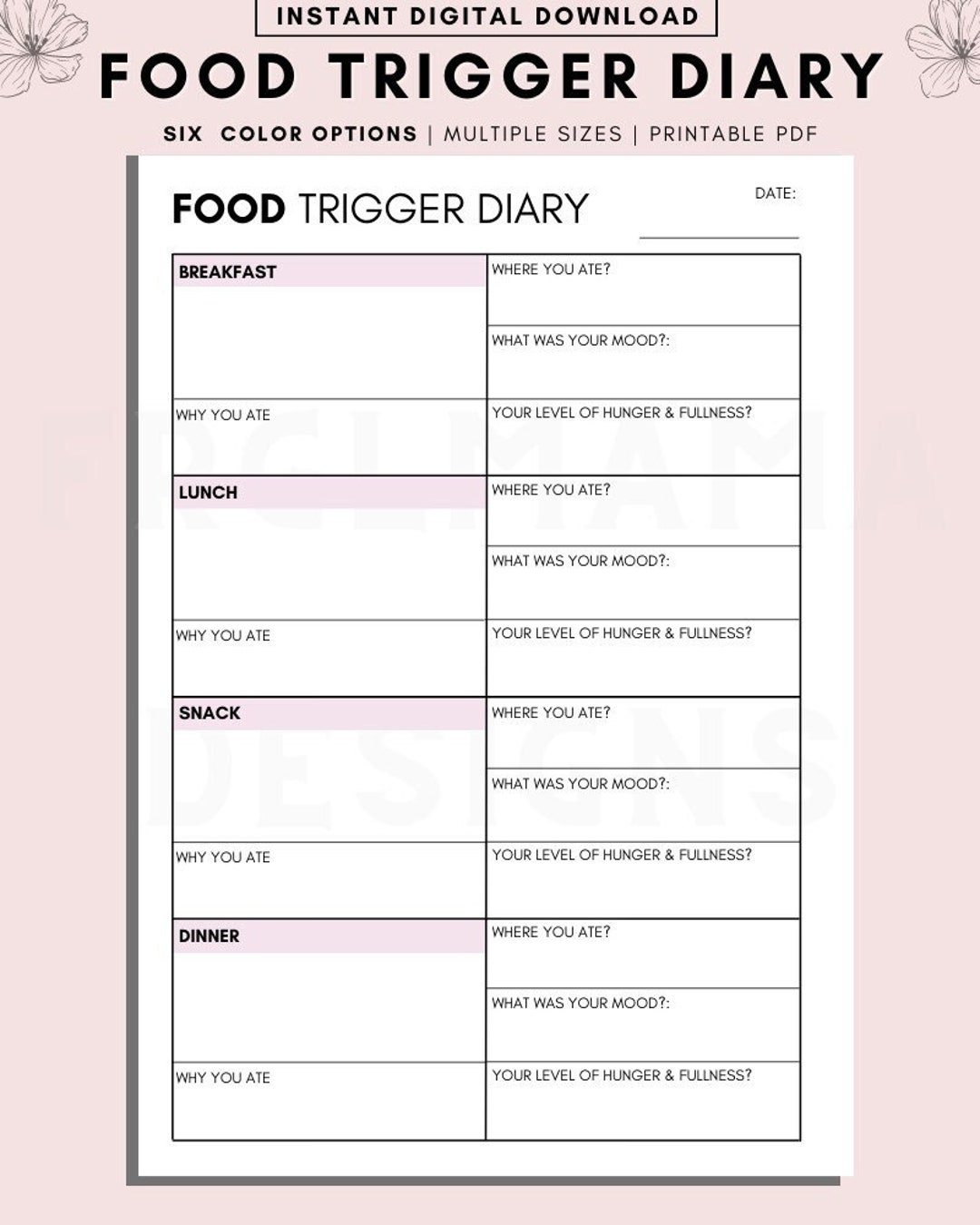 Food Trigger Diary, Daily Food Diary Printable, Printable Daily Food ...