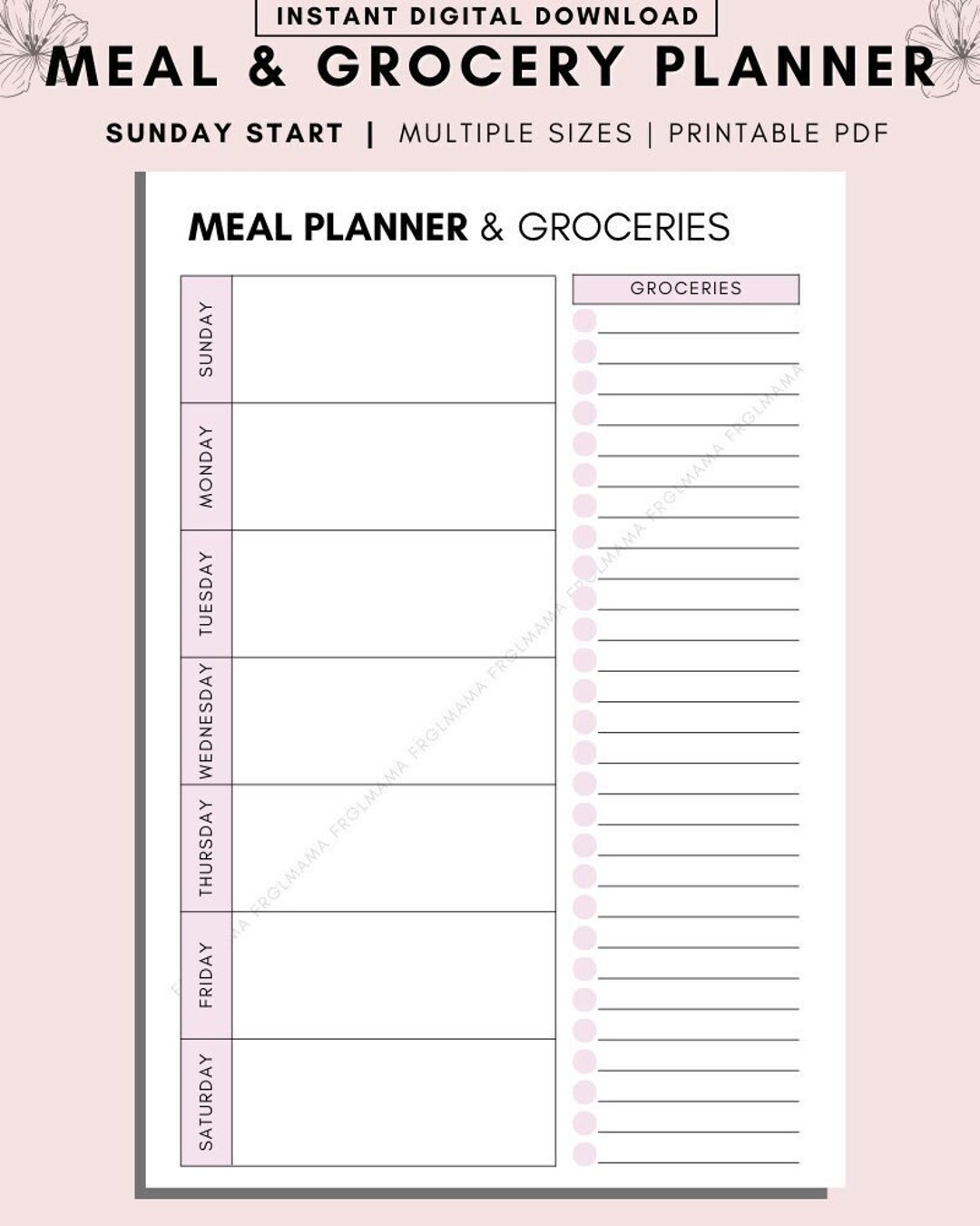 Weekly Meal & Grocery Planner: Sunday Start (digital Download) - Etsy