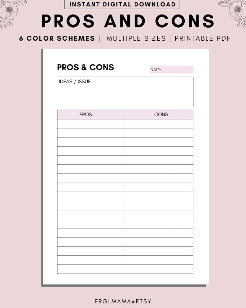 Printable Pros and Cons List, Instant Download, Print at Home Planner ...