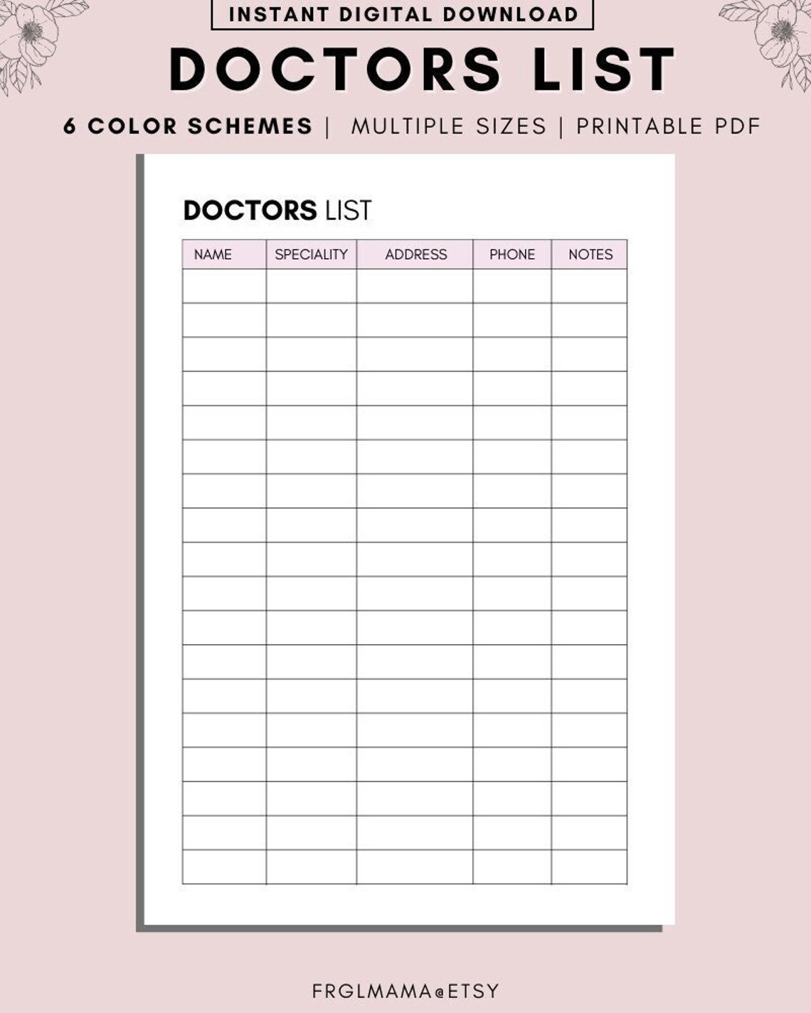 Doctors Contact List Printable: Medical Info, Letter Size (instant ...
