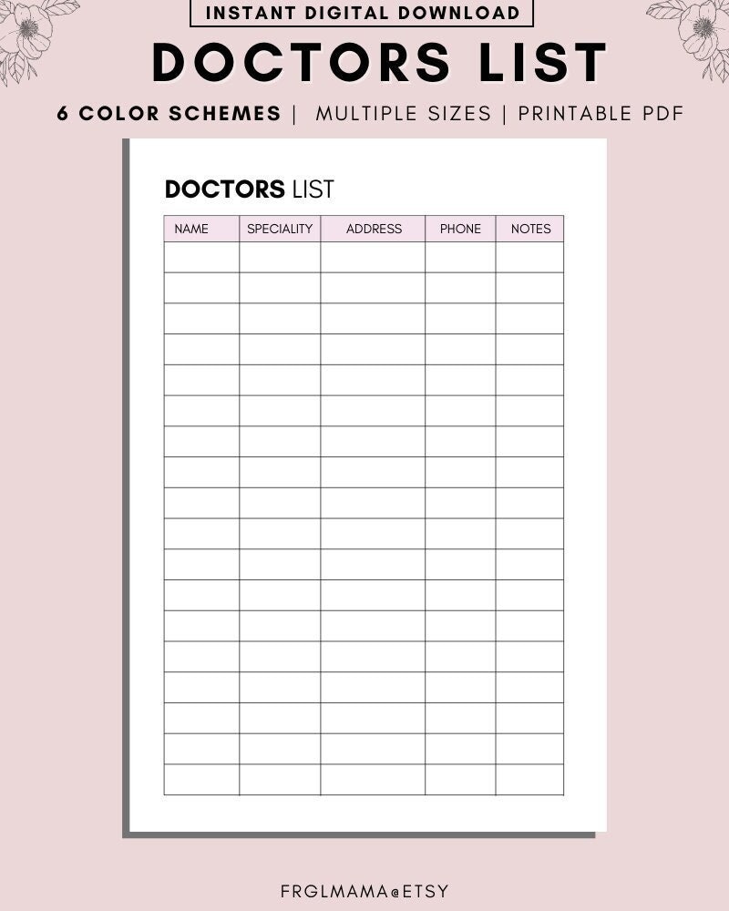 Doctors Contact List Printable: Medical Info, Letter Size (instant ...