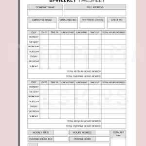 Employee Time Sheet Printable, Timekeeping Sheet, Printable Timesheet ...