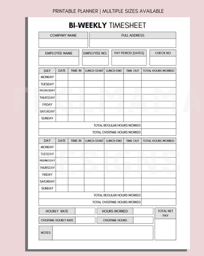 Employee Time Sheet Printable: Work Hours Tracker (PDF) - Etsy