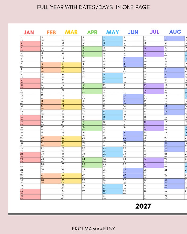 2027 Rainbow Calendar Printable: Yearly Wall Planner (A3, A4, A5 PDF ...