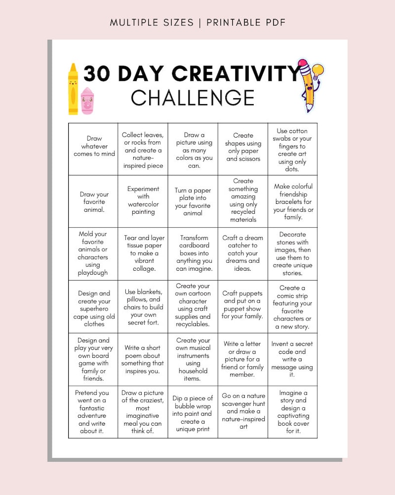 Kids Creativity Challenge: 30 Day Drawing Prompts (printable PDF) - Etsy