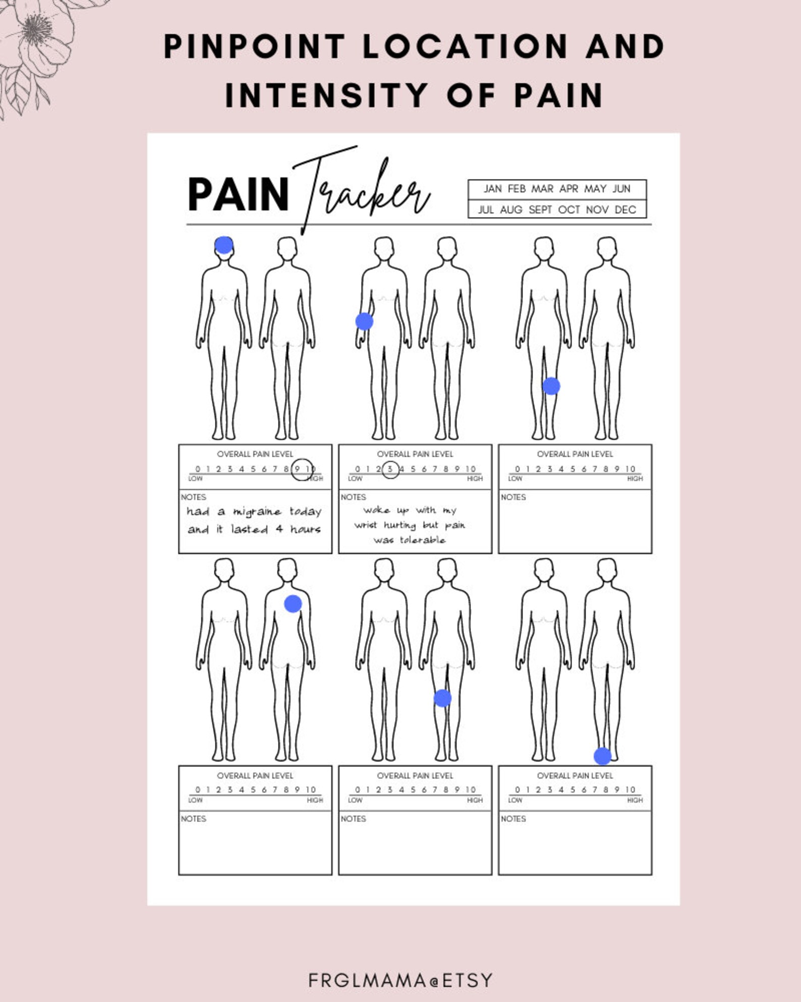 Printable Pain Tracker, Chart Monthly Symptom Frequency & Severity ...