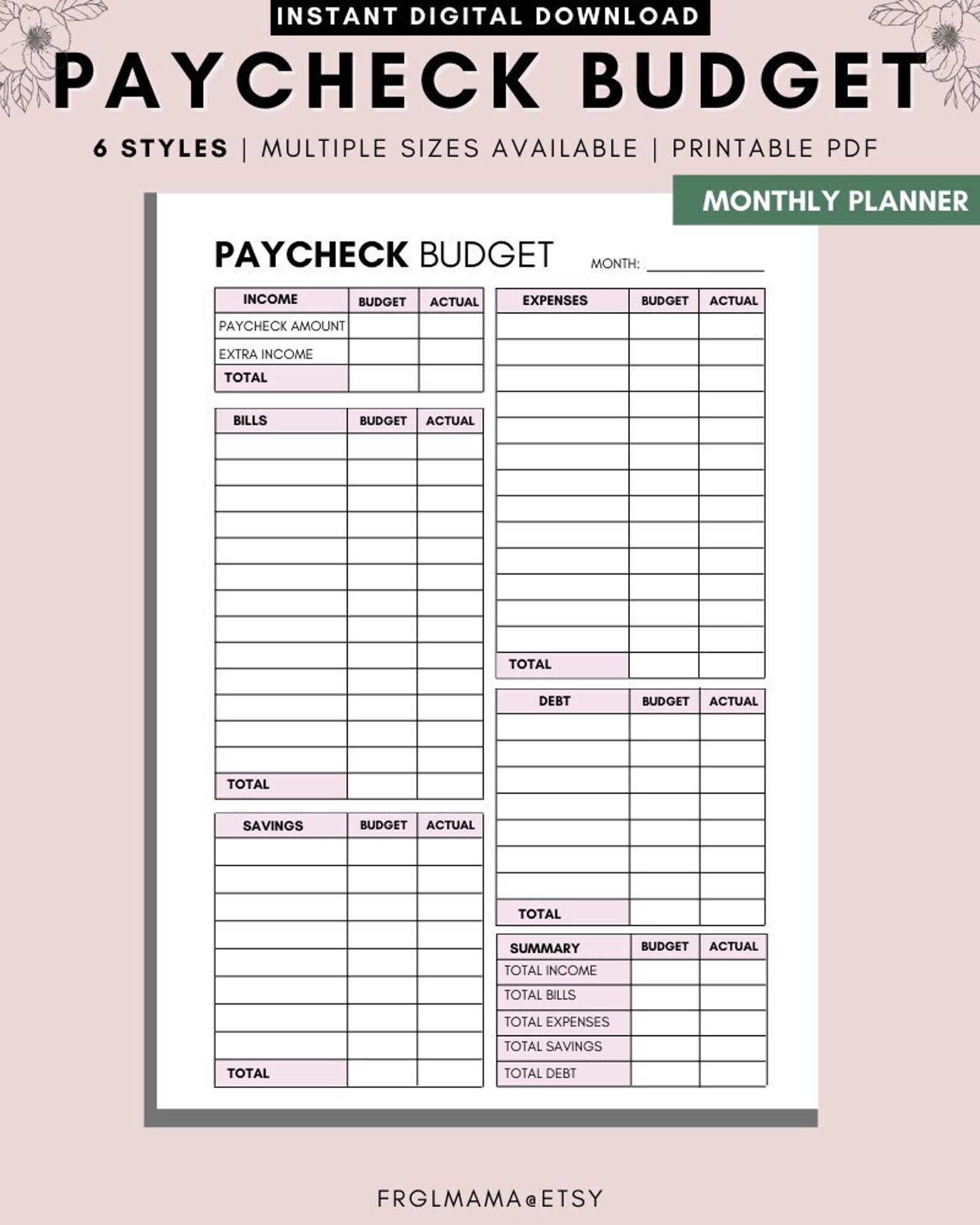 MONTHLY Budget Overview Template Printable Budget Binder - Etsy UK