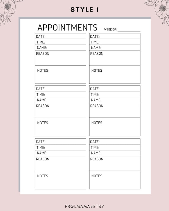 Note Appointment Sheet Printable