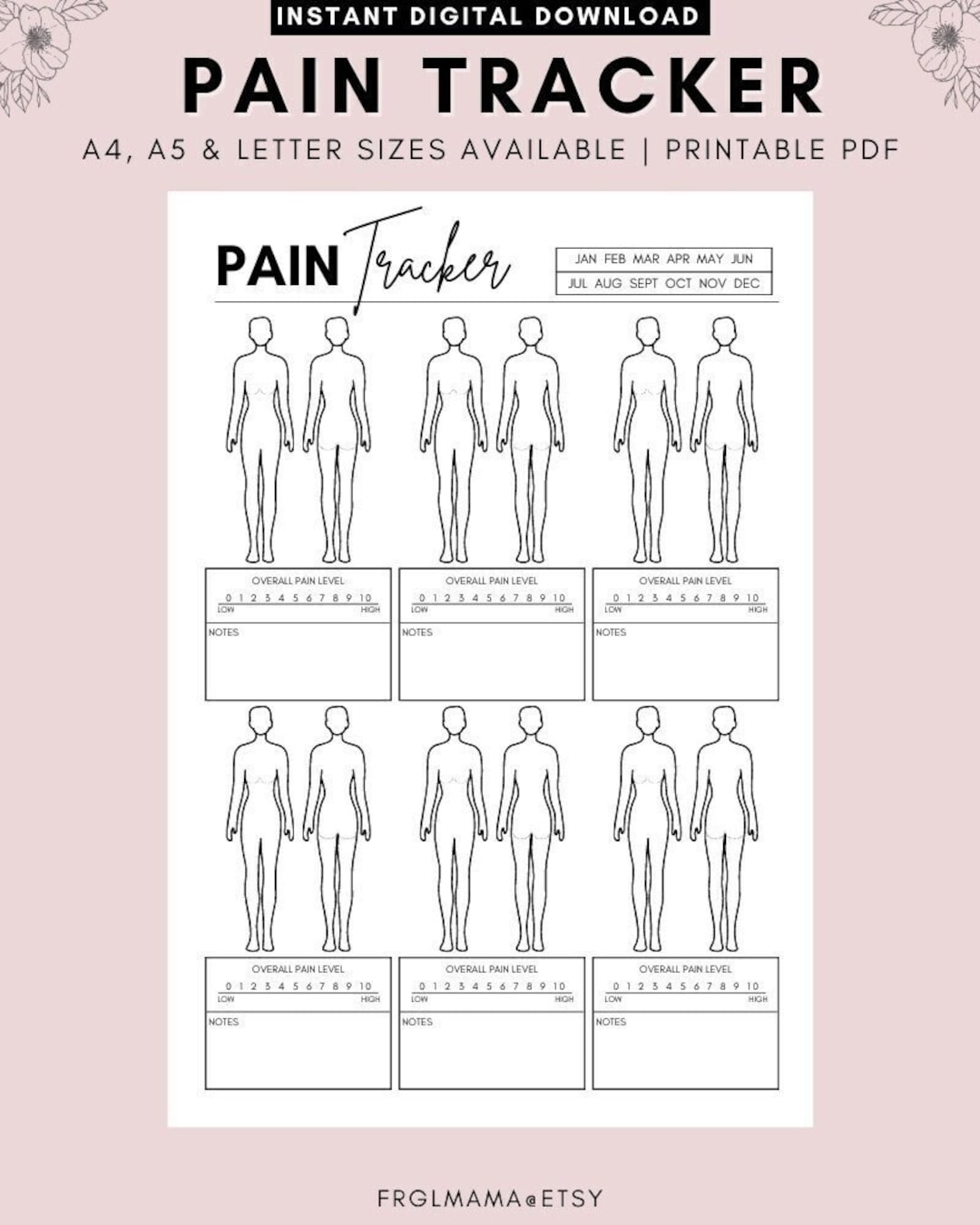 Printable Pain Tracker, Chart Monthly Symptom Frequency & Severity ...