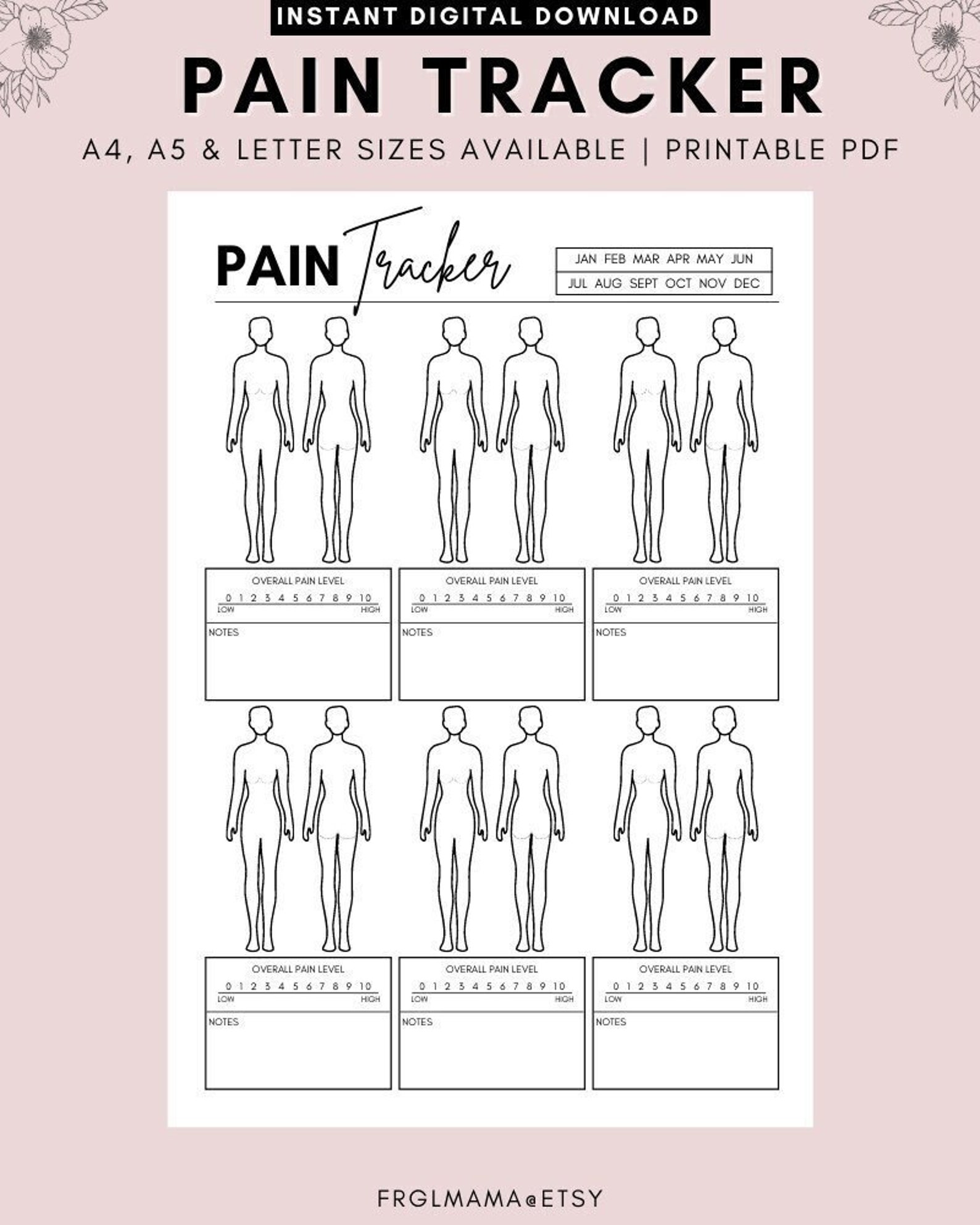Printable Pain Tracker, Chart Monthly Symptom Frequency & Severity ...