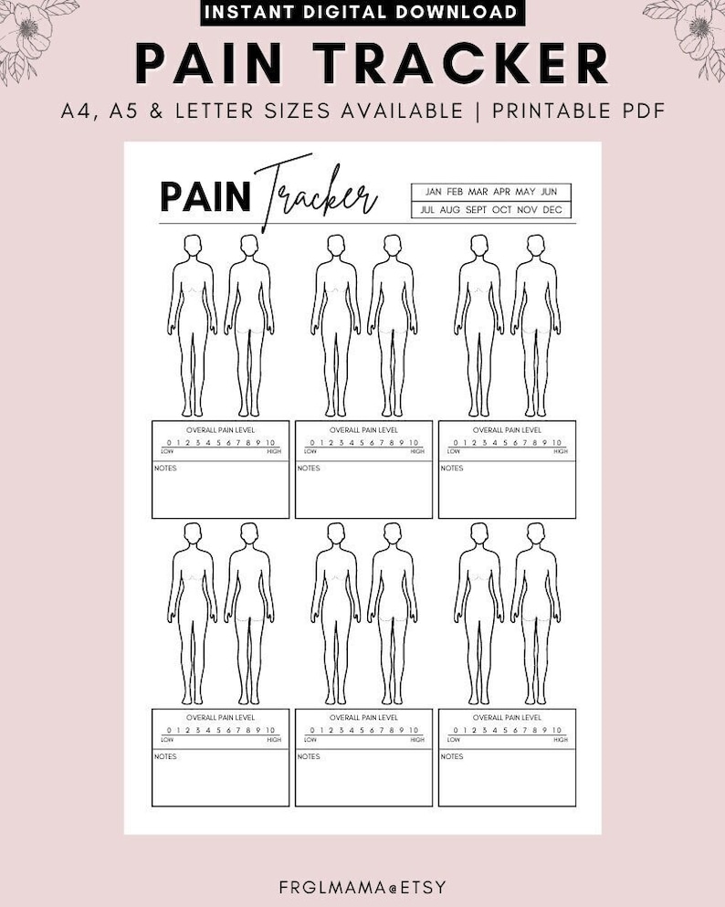 Printable Pain Tracker, Chart Monthly Symptom Frequency & Severity ...