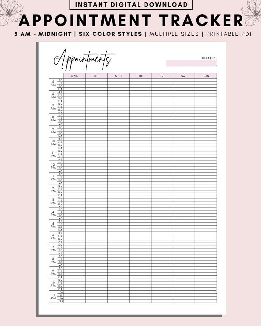5am - Midnight Appointment Tracker Printable, 15 Minute Interval ...