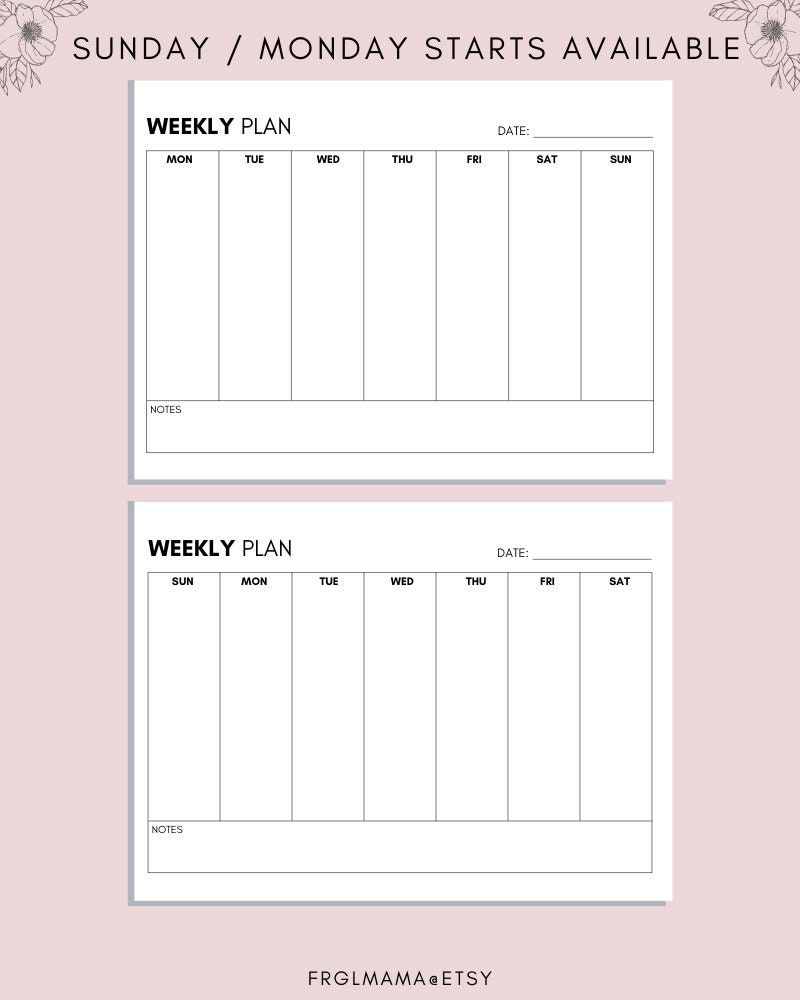 Minimalist Weekly Planner Printable: Landscape A4, A5, Letter (PDF ...