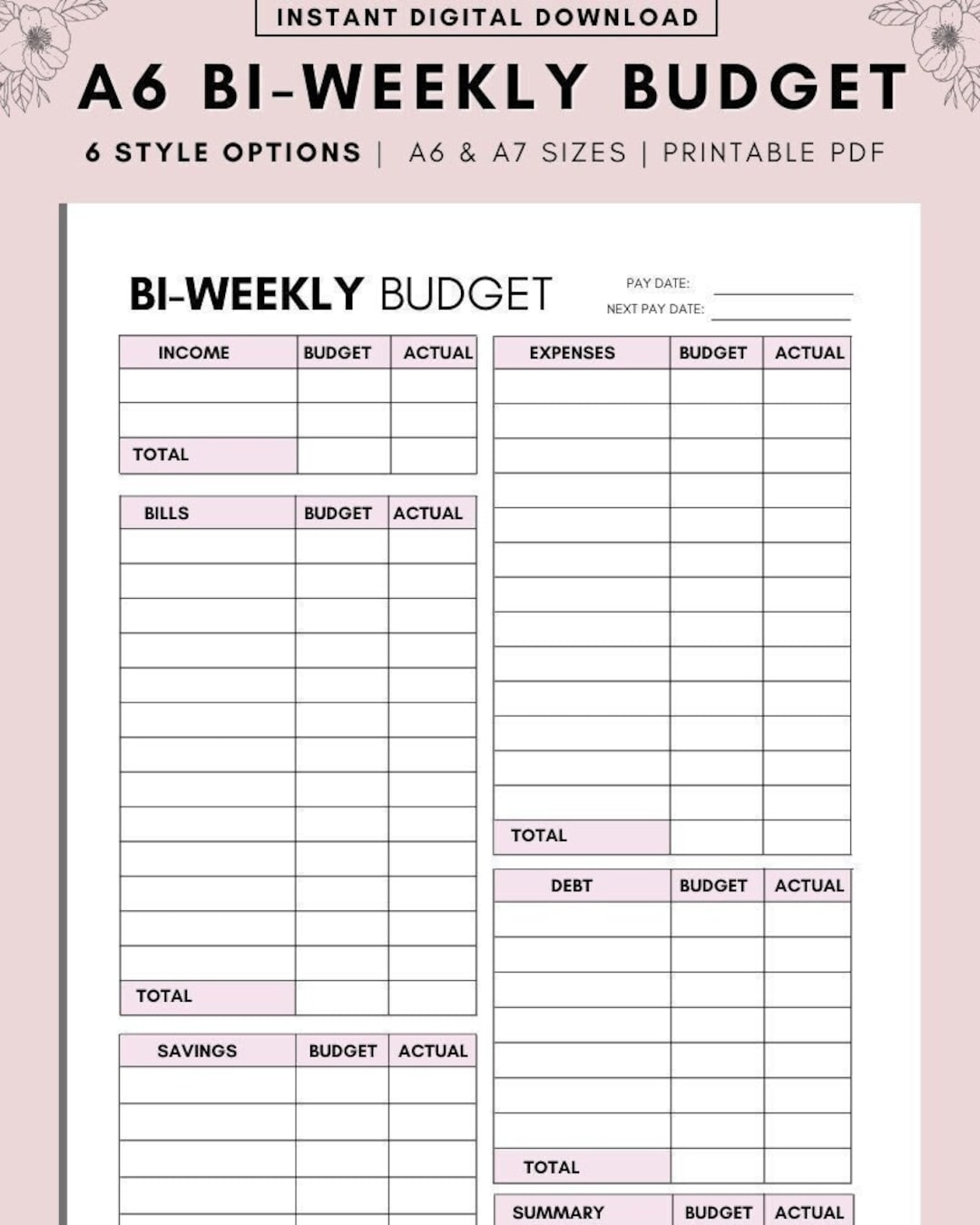 Bi Weekly Budget Planner Template Paycheck Budget Printable 