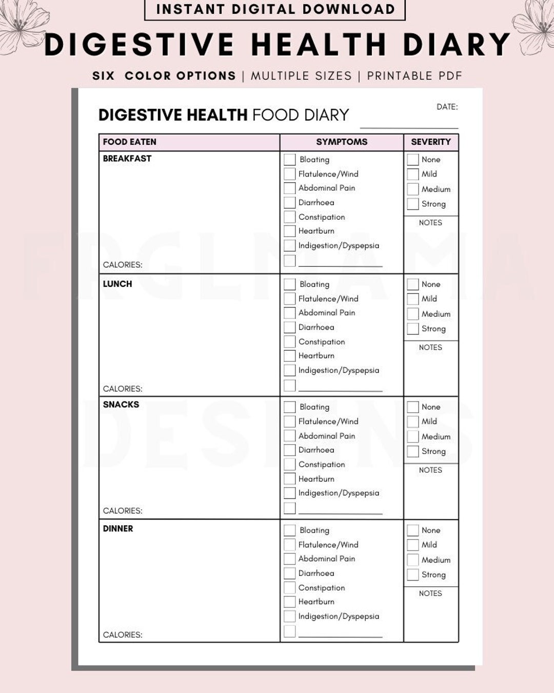 Digestive Health Food Diary, Daily Food Diary Printable, Food ...