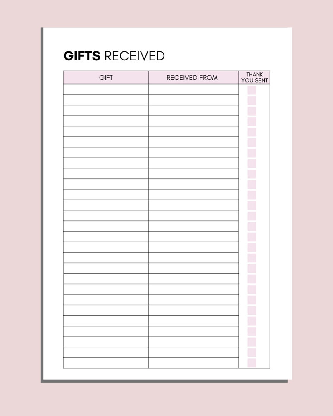Gifts Received Printable Form Bridal or Baby Shower Birthday | Etsy