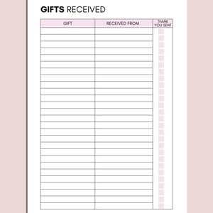Gifts Received Printable Form, Bridal or Baby Shower, Birthday Party ...