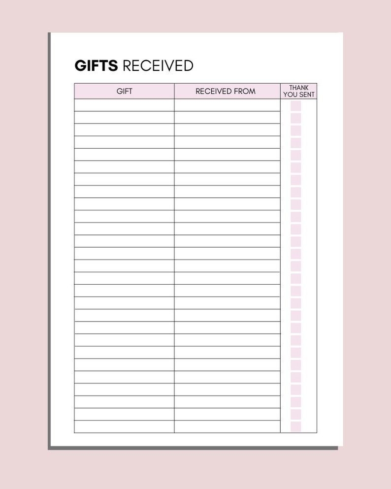 Gifts Received Printable Form Bridal or Baby Shower Birthday - Etsy