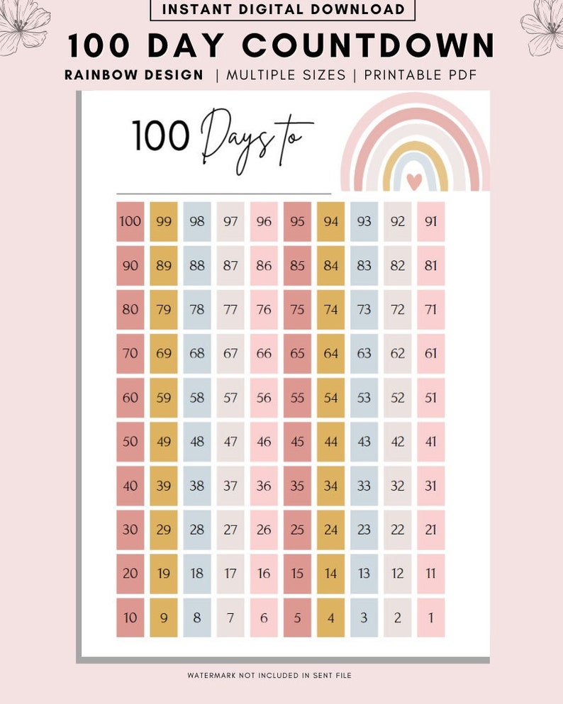 100 Day Countdown Printable: Rainbow Design Calendar (PDF) - Etsy