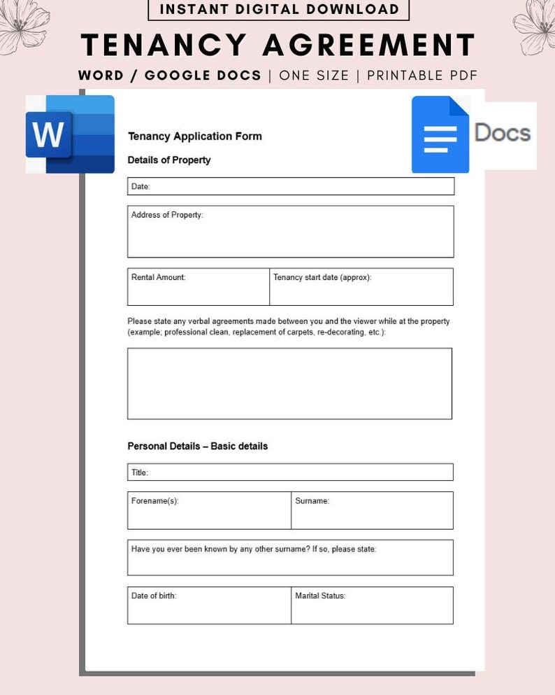 Printable Rental Application Form & Tenancy Agreement (digital Download ...