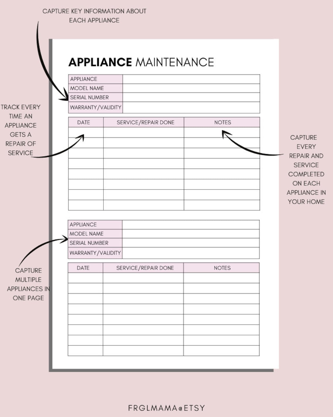 Appliance Maintenance Log: Home Organization Printable (A4 A5 Letter ...