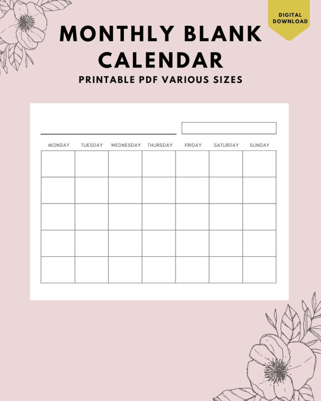 Monthly Calendar Landscape, Printable Calendar, Year Calendar ...