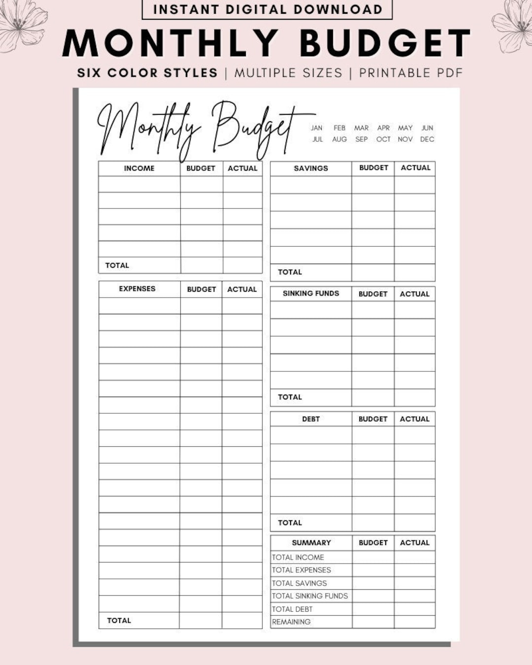MONTHLY Budget Overview Template Printable, Budget Binder, Budget ...