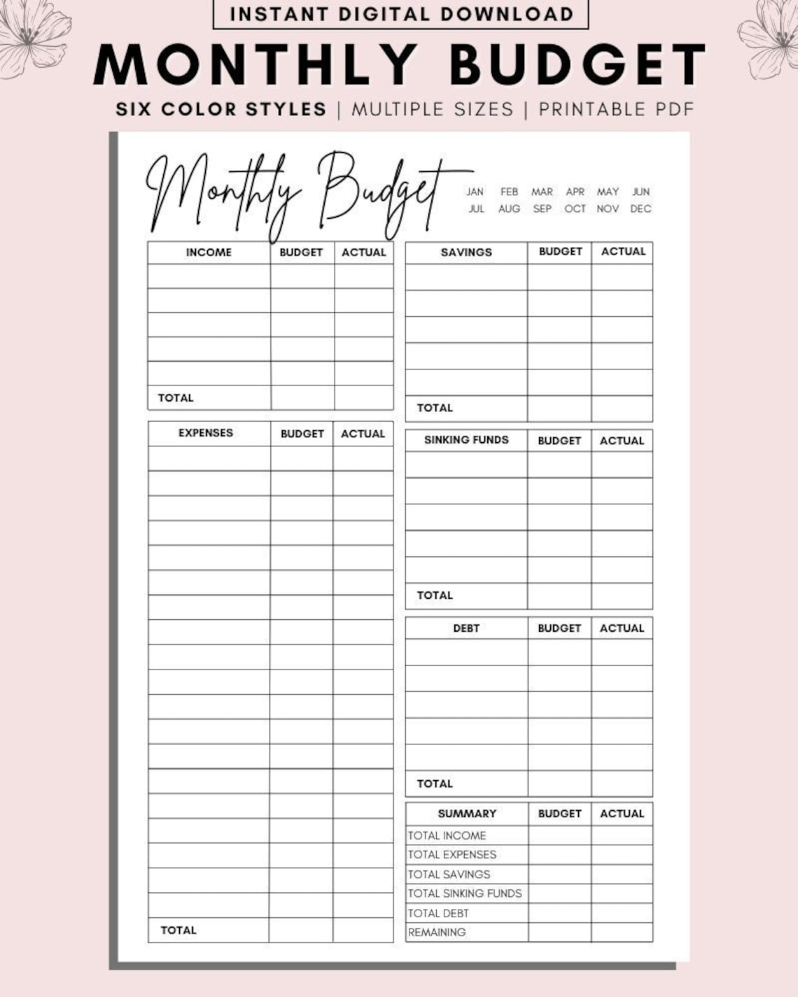 MONTHLY Budget Overview Template Printable Budget Binder - Etsy