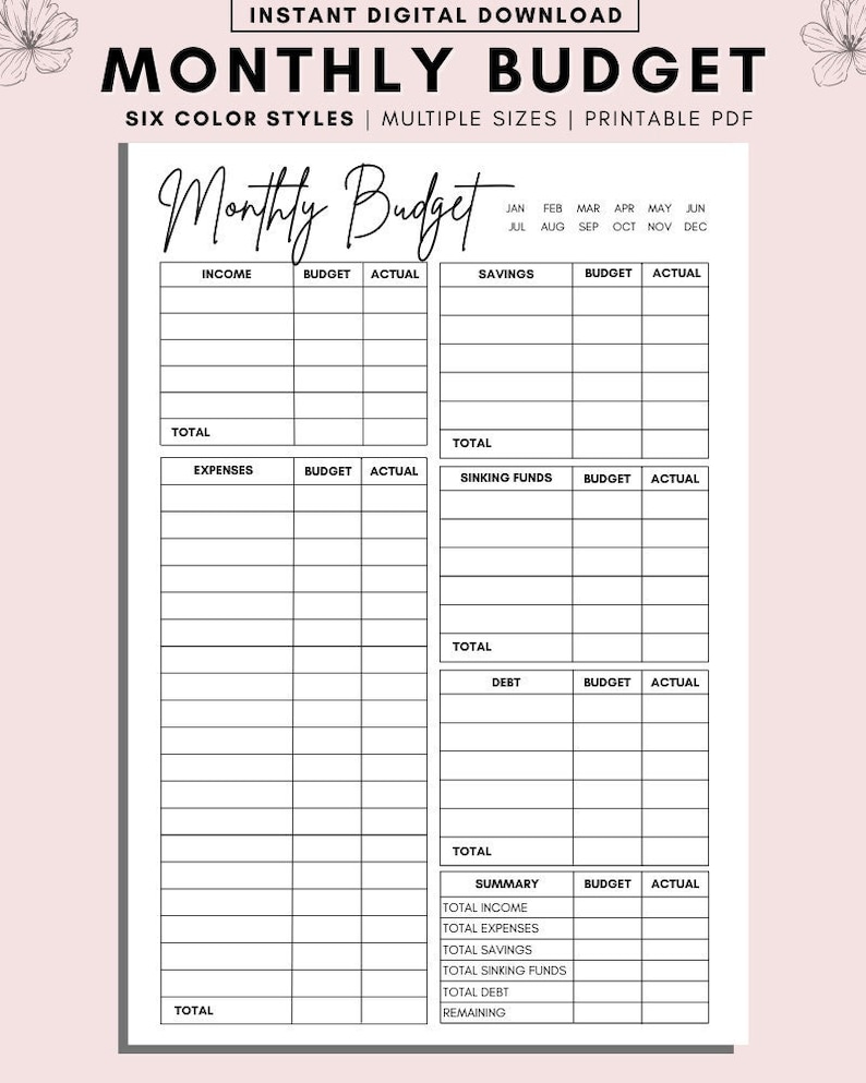 MONTHLY Budget Overview Template Printable Budget Binder - Etsy